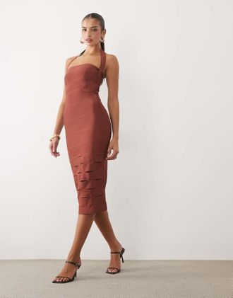 Asos figurbetontes Bandage-Midikleid mit Gitterrock in rostrotem Scuba-&auml;hnlichen Stoff-Braun
