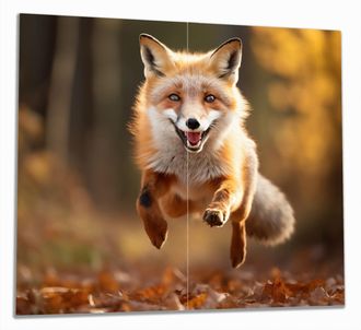 Wallario Herdabdeckplatte/Spritzschutz aus Glas, 2-teilig, 60x52cm, für Ceran- und Induktionsherde, Rennender Fuchs