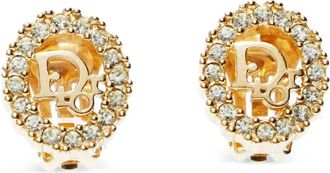 Dior 1980-1990 logo rhinestone clip-on earrings - Gold