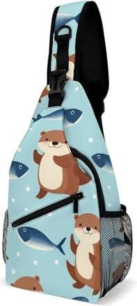 Generic Polyester Sacoche Homme Bandouliere Joli motif de poisson castor de banque Sac à Bandoulière Léger,Casual Sac Poitrine pour Voyage école Homme
