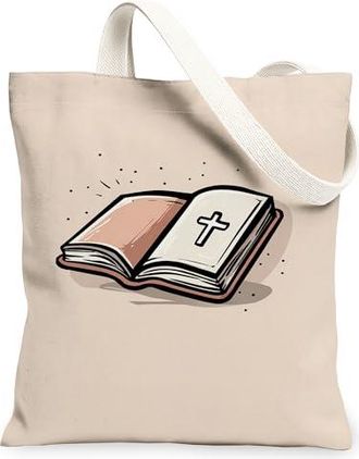 Generic Sacs fourre-tout en toile avec motif de livre religieux, sacs d&eacute;picerie r&eacute;utilisables, style vintage, l&eacute;ger, lavable, beige, 13x15 Inch