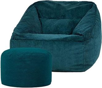 Icon Brand Morgan Sitzsack Sessel mit Hocker für Erwachsene, Blaugrün, Flauschiger Cord Stoff, Riesen Sitzsack Cord mit Füllung, Bean Bag Chair, Bequemer Sessel 