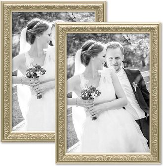 Photolini 2er Set Bilderrahmen Antik Silber Nostalgie 21x30 cm DIN A4 Fotorahmen mit Glasscheibe/Kunststoff-Rahmen
