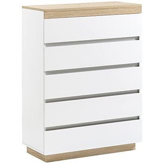 HOMCOM Commode en Bois &agrave; 5 tiroirs, Commode de Chambre &agrave; Coucher avec Dispositif Anti-basculement, 80x40x109 cm, Blanc et ch&ecirc;ne