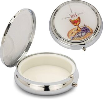 NKlaus Silber Metall Etui Kelch Motiv 5x1,5cm Rosenkranz Hostien Dose Kommunion 2543