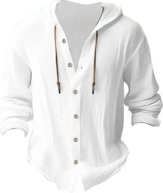 Generic Chemise blanche &agrave; manches longues en lin pour homme - Haut slim pour homme - Chemise longue boutonn&eacute;e - Veste polo pour le Royaume-Uni - Col en V - T-