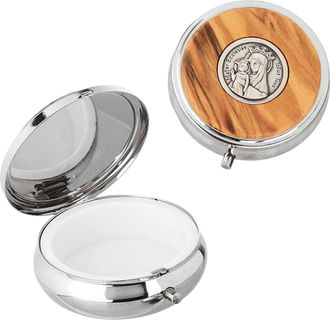 NKlaus Hostiendose 6cm mit Mutter der Kirche - Rosenkranz Metalletui klein aus Olivenholz & Metall, Mater Ecclesiae Gravur, ideal f&uuml;r Hostien & Andachtsobjek