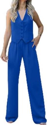 Generic Tenue d&eacute;contract&eacute;e 2 pi&egrave;ces pour femmes, gilet sans manches &agrave; boutons, chemise, pantalon droit &agrave; jambes larges avec poches (Blue, XXL)