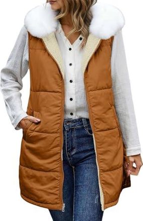 Generic Gilet long &agrave; capuche pour femme - Automne - Hiver - Gilet matelass&eacute; sans manches - Doudoune doubl&eacute;e - Gilet polaire chaud - Gilet long &agrave; capuche - Gil