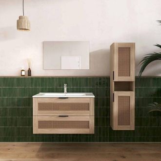 Aurlane ensemble meuble de salle de bains 60 cm et colonne - decor bois et cannage - apolline
