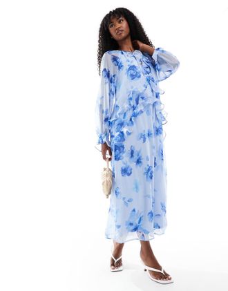 Pieces Robe longue à fleurs et volants avec manches longues - Bleu pâle-Jaune