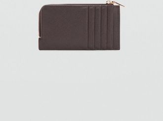 Mango Porte-cartes effet saffiano &agrave; zip chocolat - Femme - Taille unique - MANGO