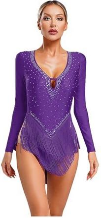 dPois Body Danse Latine à Franges Femme Adulte Justaucorps Danse Salsa Chacha Manche Longue Strass Dancewear S-XXL Violet S