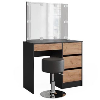 Vicco Coiffeuse Sherry, Anthracite/chêne doré, 90x75cm avec miroir, éclairage led & tabouret
