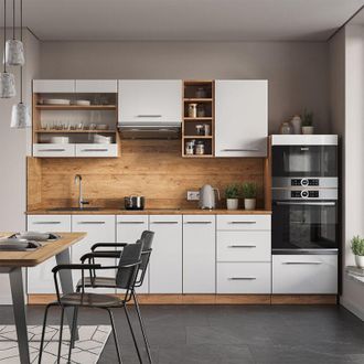 Vicco K&uuml;chenzeile Fame-Line, Wei&szlig; Hochglanz/Goldkraft Eiche, 280 cm, AP Anthrazit, Vicco