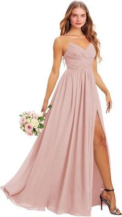 Generic Robe de demoiselle dhonneur longue en mousseline de soie avec poches et bretelles spaghetti plissée avec fente pour femme, rose, 50 Grande taille