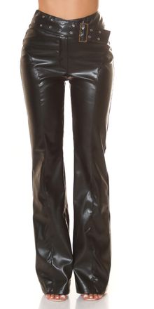 Koucla Damen Highwaist Kunstleder Hose Schlaghose Bootcut mit Deko G&uuml;rtel und Schnalle L