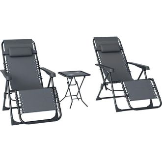 OUTSUNNY Lot de 2 chaises longues pliables inclinables z&eacute;ro gravit&eacute; avec table dappoint m&eacute;tal textil&egrave;ne gris