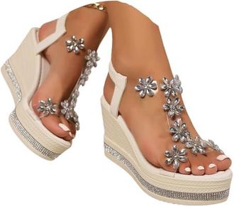 Generic Sandales d&eacute;t&eacute; confortables pour femme avec sangle &eacute;lastique et strass - Bout ouvert - Sandales plates d&eacute;contract&eacute;es &agrave; bout ouvert - Sandales compens&eacute;e