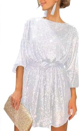 ORANDESIGNE Robe de Paillettes à Col V pour Femme de Soirée Asymétrique Épaules Nues Chic Robe-Mini Brillante Paillette Disco à Manches Longues A Blanc S