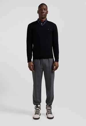 Eden Park Pull Col V En Laine Et Coton Noir Demi-lune Cercl&eacute;e Coupe Regular