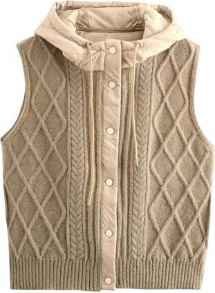 Generic Gilet matelass&eacute; &agrave; capuche en tricot l&eacute;ger sans manches pour femme, kaki, S