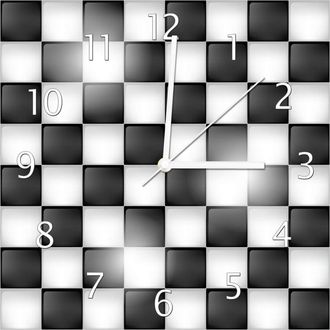 Wallario Design-Wanduhr Schachbrett Muster aus Glas, Motiv-Uhr Gr&ouml;&szlig;e 30 x 30 cm, wei&szlig;e Zeiger