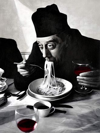 1art1 Kochkunst Poster Spaghetti, Rotwein, Don Camillo Kunstdruck Bild 80x60 cm
