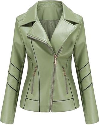 Generic Veste courte courte en similicuir pour femme avec fermeture &eacute;clair, Vert, XXL
