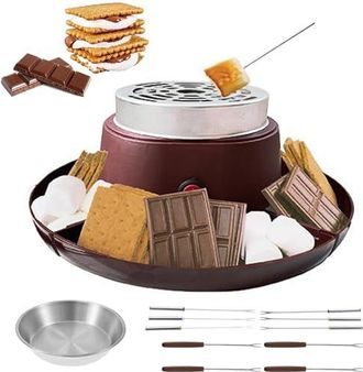 Generic 2-en-1 Smores & Fondue au Chocolat Set, R&ocirc;tisseur &agrave; Guimauve &Eacute;lectrique Sans Flamme avec 4 Plateaux, 10 Fourchettes, Temp&eacute;rature R&eacute;glable, Kit de F&ecirc;te