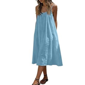 Generic Robes de vacances pour femmes, robe d&eacute;t&eacute; mi-longue, style boh&egrave;me, robe de tous les jours en m&eacute;lange de coton doux avec poches, robe d&eacute;t&eacute; fluide sans m