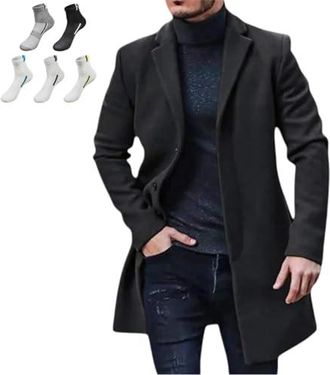 Generic Manteau dhiver &agrave; col crant&eacute; pour homme, coupe ajust&eacute;e, &agrave; simple boutonnage, avec poches, Noir, L