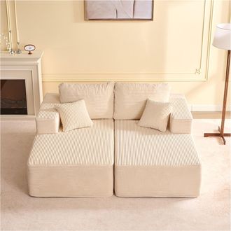 Generic Rahmenloses Bodensofa, Modulares L f&ouml;rmiges Ecksofa, mit Schlaffunktion, Cordstoff, Hautfreundlich und komfortabel, montagefrei, Zum Lesen(Beige,Recam