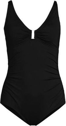 Lands End Badeanzug mit Ringdetail und V-Ausschnitt, Damen, Größe:38 regular, Schwarz, Nylon-Mischung, by Lands End