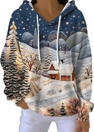 Generic Sweat à capuche de Noël à manches longues pour femme - Joli Père Noël - Imprimé Père Noël - Haut ample décontracté à manches longues pour entraînement