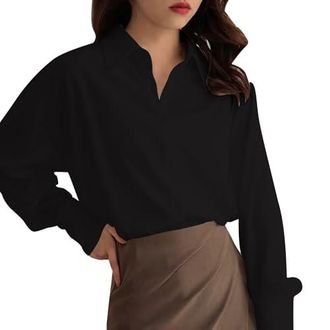 Generic Blouse Femme Chic et &Eacute;l&eacute;gant en Satin Manches Longues Boutonn&eacute;e La Soie &agrave; col en V Hauts Blouse &Eacute;l&eacute;gante Casual Fluide Ample Couleur Unie &agrave; Boutons Tu