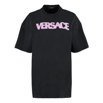 Versace Kontrastierendes Logo Baumwoll T-Shirt - - Tops - Damen - Schwarzk - 2XS