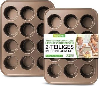 Nutrichef NutriChef Muffinblech 2er- Set, 35x26cm 24er Backform aus Karbonstahl mit Anithaft, Inkl. Papierf&ouml;rmchen, Sp&uuml;lmaschinenfest, Ideal f&uuml;r Partys, Kinderg