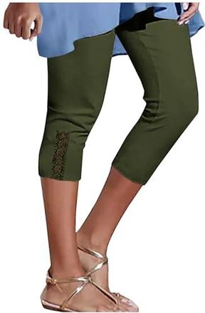 Generic Legging capris pour femme - Extensible - Taille haute - Avec ourlet en dentelle - Coupe ajust&eacute;e - Pour entra&icirc;nement - Pantalon 3/4, vert militaire, M