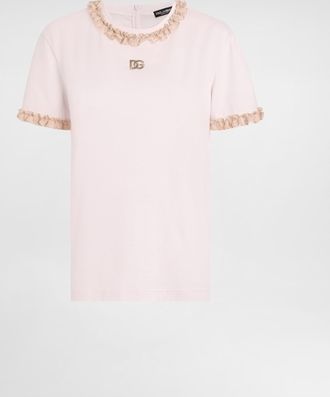 Dolce & Gabbana Jersey T-shirt With Lace And Embroidery - Frau T-shirts Und Sweatshirts Pink 50