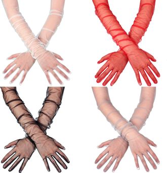 Satinior 4 Paar Transparente T&uuml;ll Handschuhe Damen Ellenbogen Lange Netz Hochzeit Handschuhe f&uuml;r Party (M)