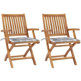 vidaXL Gartenst&uuml;hle 2 Stk. Graue Karomuster-Kissen Massivholz Teak vidaXL