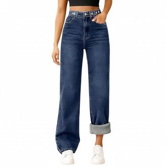 Generic Jean doubl&eacute; en polaire pour femme - Taille haute - Coupe droite - Jambe large - Extensible - Y2K - Pantalon dhiver ample d&eacute;contract&eacute; - Confortable - C