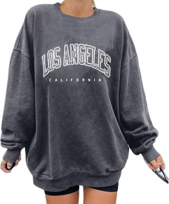 Minetom Pullover Damen Herbst Sweatshirt ohne Kapuze Los Angeles Vintage Drucken Oversized Langarmshirt Rundhals Pulli Oberteile Tops &uuml;bergro&szlig;e A Grau XL