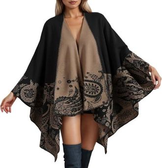 Generic Poncho Femme Hiver Chaud Chale Femme Hiver Chaud Cape Femme Effet enveloppant Cape Ouverte Devant Frange Classique Amovible Voyage Temps Frais