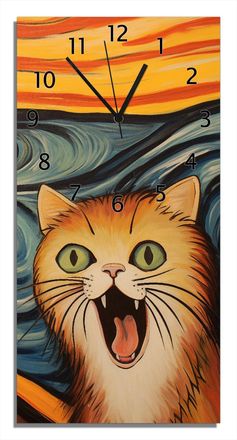 Wallario Design-Wanduhr, Acrylglasuhr Größe 30 x 60 cm, Schwarze Zeiger, Motiv Der Schrei der Katze