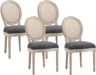 HOMCOM Lot de 4 chaises de Salle &agrave; Manger - Chaise de Salon m&eacute;daillon Style Louis XVI - Bois Massif sculpt&eacute;, patin&eacute; - Dossier cannage - Aspect Lin Gris