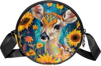 Generic Sac &agrave; bandouli&egrave;re rond pour femme, motif cerf, tournesol, petit sac &agrave; bandouli&egrave;re avec fermeture &eacute;clair, bretelles r&eacute;glables, sac &agrave; main rond d&eacute;contra