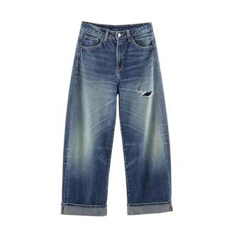 Generic Jean d&eacute;chir&eacute; taille moyenne for femme, coupe d&eacute;contract&eacute;e, jean boyfriend vieilli avec d&eacute;chirures aux genoux, pantalon en jean coupe ample(xs)