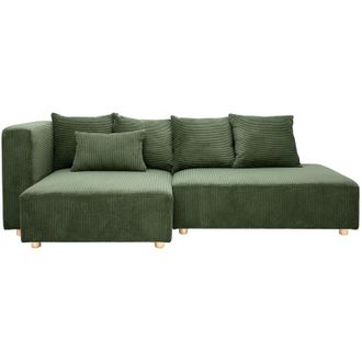 Miliboo Ecksofa links 3-Sitzer in gr&uuml;nem Kord-Samt und hellem Holz HARLEM